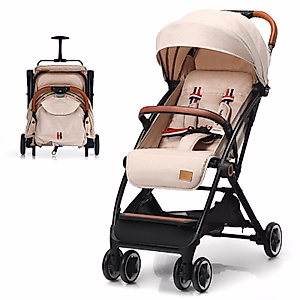 BABY JOY Lightweight Baby Stroller, Compact Toddler Travel Stroller for Airplane, Infant Stroller w/ 5-Point Harness, Adjustable Backrest/Footrest/Canopy, Storage Basket, Easy One-Hand Fold, Beige