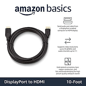Amazon Basics DisplayPort to HDMI Display Cable, Uni-Directional, 4k@30Hz, 1920x1200, 1080p, Gold-Plated Plugs, 10 Foot, Black