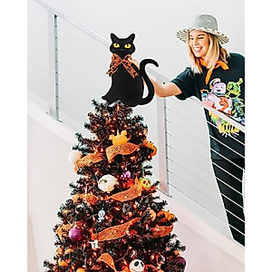 Black Cats Christmas Tree Topper with Stand and Changeable Bows Halloween Xmas Tree Ornament Winter Holidays Home Decorations Cat Lovers Gift Ideas