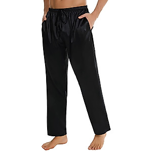 SWOMOG Men's Satin Silky Pajama Pant Long Pj Bottoms Soft Lounge Sleep Pants with Pockets Black Large