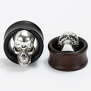 COOEAR Ebony Wood Metal Skull Style Gauges for Ears Piercing Body Jewelry Tunnels Plugs 1 Pair Selling 0g to 1 Inch