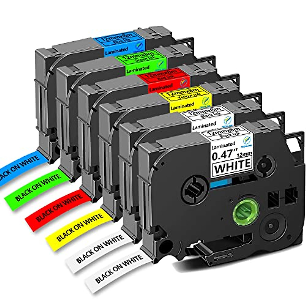 Techlink TZc-231 TZe 131 Compatible with Brother Label Maker Tape Laminated P Touch PT-D210 PT-H110 PT-D220 PTD400 PTD410 Label Tabe Maker 12mm x 8m (6 pcs White/Clear/Yellow/Red/Green/Blue Package)