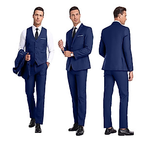 Mens Suit 3 Piece Slim Fit Suits Prom Tuxedo Blazer Dress Business Wedding Jacket Vest & Pants with Tie Navy XL
