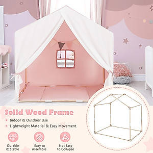 HONEY JOY Kids Play Tent, Toddler Tent Indoor Playhouses with Mat, Windows, Curtain, Solid Wood Frame, 52" x36" x 52", Large Children Princess Castle Play Tent for Boys Girls (Pink)