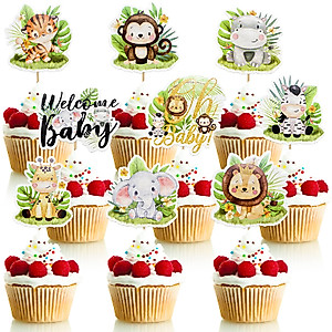 Weecent 45 Pcs Safari Baby Shower Cupcake Toppers Jungle Animals Oh Baby Party Decorations Safari Theme Cupcakes Toppers for Boys Kids Baby Shower Nursery Wild Party Supplies