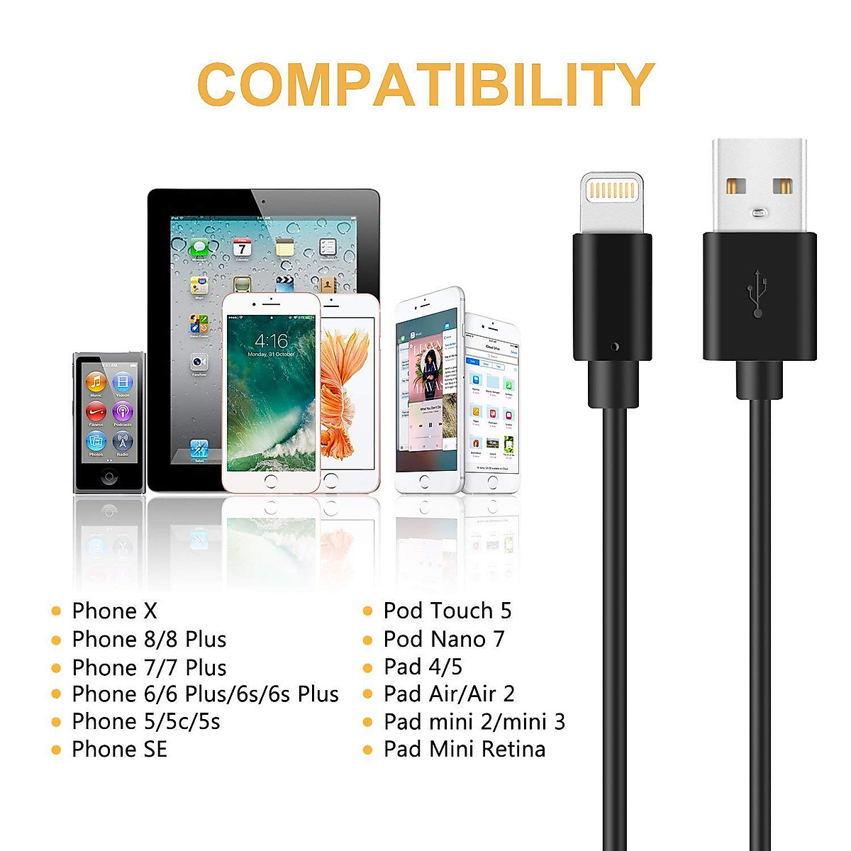 Marchpower Charger Cable iPhone 3Pack 6FT Lightning Cord USB Cable Fast Charging Cord MFi Certified iPad (2020) iPhone 13 12 11 Pro Max XR Xs X 8 Plus 7 Plus 6S 5S SE iPad Pro Air iPod Touch Black