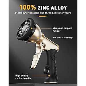 RAINPOINT Garden Hose Nozzle, 100% Zinc Alloy Hose Sprayer Nozzle with 9 Spray Patterns, High Pressure Water Hose Nozzle Heavy Duty Hand Sprayer, Watering Plants and Lawn, Car Washing, Pet Showering