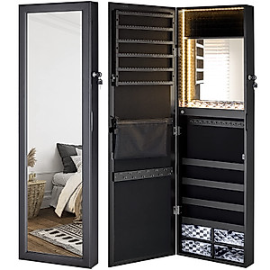 LUXFURNI LED Lights Mirror Jewelry Cabinet, 47.2" Wall Mounted/Door-Hanging, Lockable Jewelry Mirror Organizer (Black)
