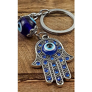 Evil Eye Silver Hamsa Keychain Hand Fatima Protection Charm Key holder Good Luck Keychain - Amulet