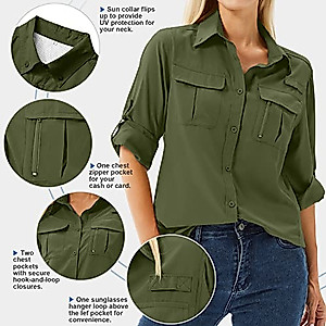 Toumett Women's UPF 50 Long Sleeve UV Sun Protection Safari Shirts Outdoor Quick Dry Fishing Hiking Travel Shirts(Amy Green,M,5071)