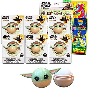 Star Wars Baby Yoda Lip Balm - Bundle with 6 Baby Yoda Shaped Lip Balms in Strawberry Flavor for Party Favors Plus Mandalorian Stickers | Star Wars Lip Balm for Girls