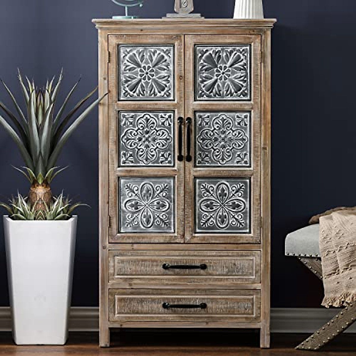 Farmhouse Wood and Metal 2-Drawer 2-Door Storage Cabinet 48.03" H X 26.77" W 15.35" D Brown Grey MDF Weathered