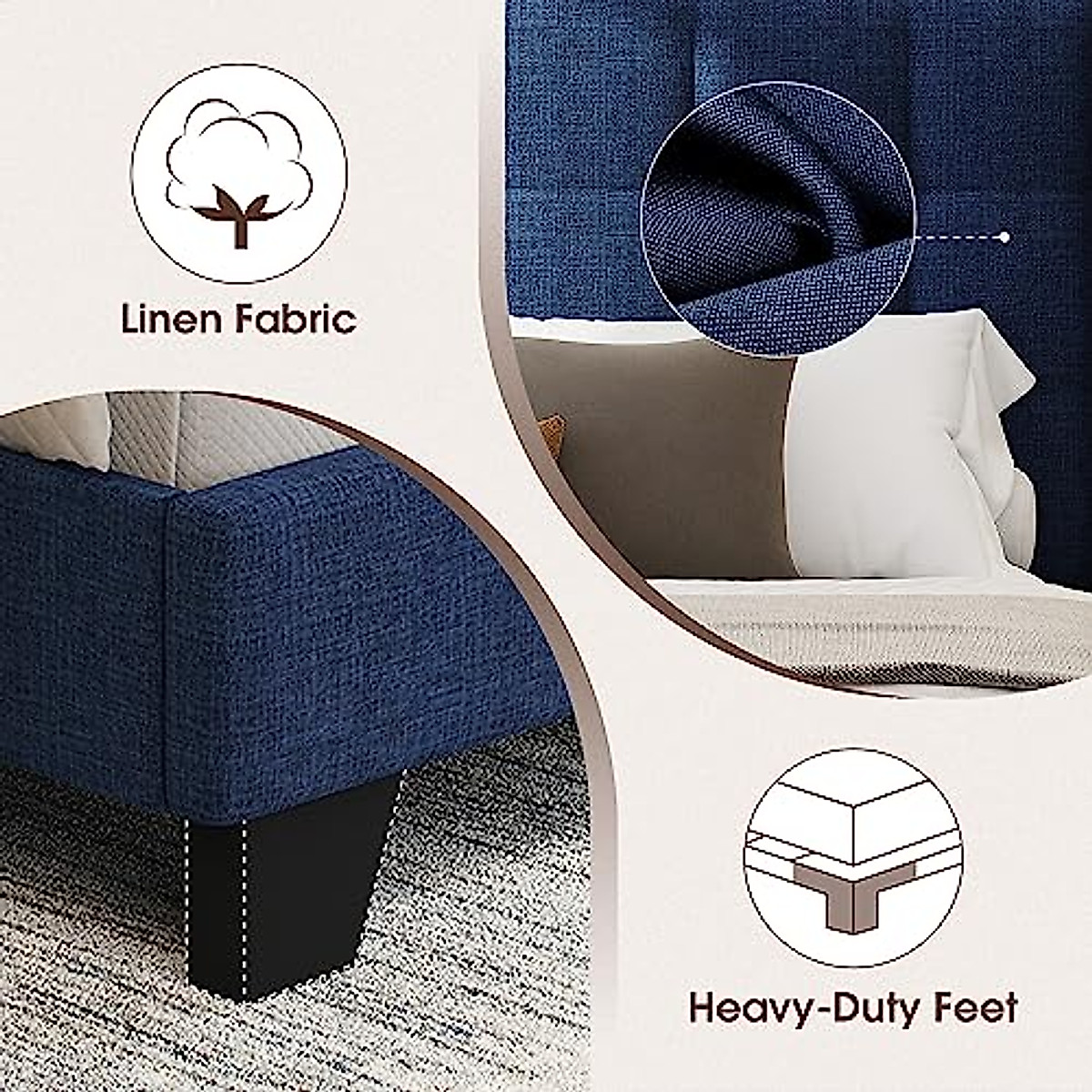 WEEWAY Queen Size Wingback Upholstered Platform Bed Frame with Box-Tufted Stitched Headboard and Wooden Slats/No Box Spring Needed/Easy Assembly, Dark Blue