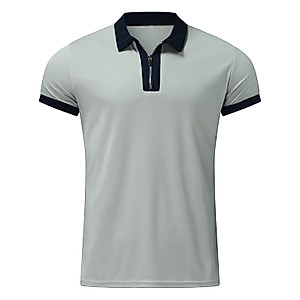 Men's Classic Short Sleeve Polo Shirt Zip Up Casual Summer Slim Fit T-Shirts Striped Graphic Printed Tops Beach Tees Gray