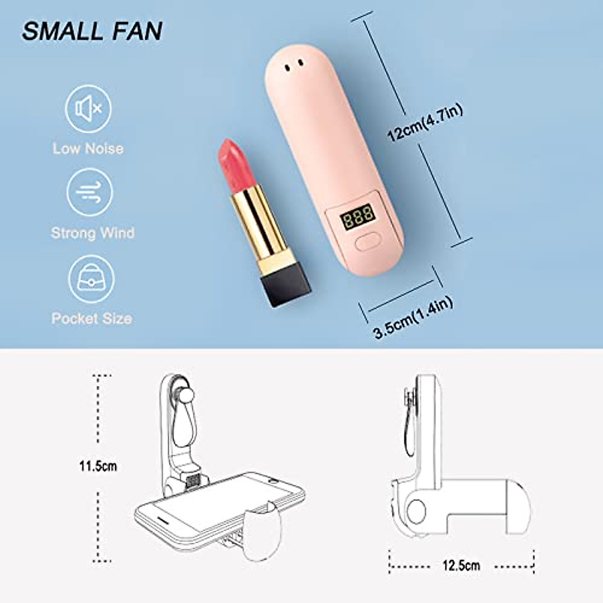 Nogegra Handheld Fan, Mini Fan Portable USB Rechargeable Small Pocket Fan, 3 IN 1 Small Personal Fan Battery Operated, Foldable Desk Travel Fan for Outdoor, Travel, Kids, Women, Pink