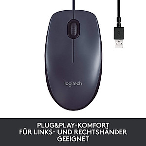Logitech M100 Wired USB Mouse, 3-Buttons, 1000 DPI Optical Tracking, Ambidextrous PC/Mac/Laptop - Dark/Black