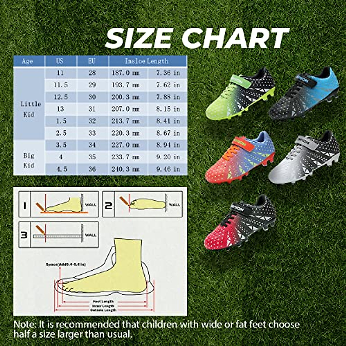 ASHION Unisex-Kids Soccer Cleats for Boys Girls Turf Firm Ground No-Tie Football Shoes Durable Black/Blue