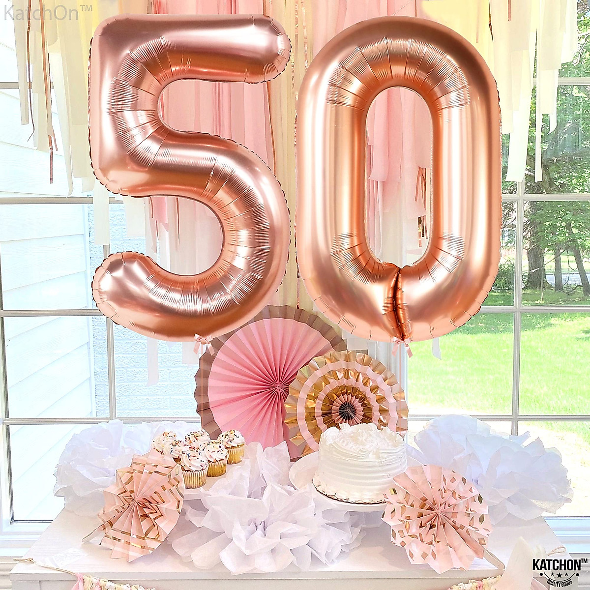 KatchOn, Rose Gold 50th Birthday Balloons - Giant, 40 Inch | 50 Balloon Number | 50th Anniversary Decorations