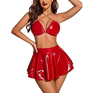 Avidlove Cosplay Lingerie for Women Sexy Bunny Costume Latex 4pack Ring Chain Linked Cut-out Halloween Outfit Set(Red,XL)