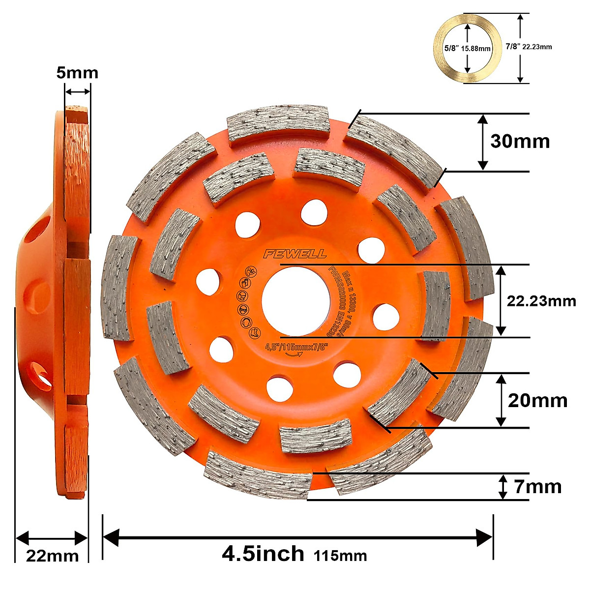 FEWELL 4 1/2” Concrete Grinding Wheel, Double Row Diamond Cup Wheel with 7/8” Arbor for Polishing and Grinding Concrete Surface Brick Stone Marble Cement Granite