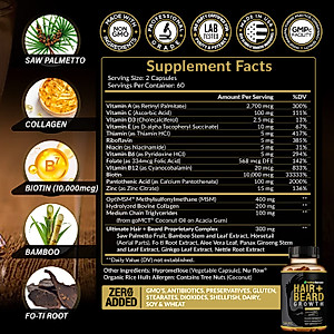Hair + Beard Growth Vitamins for Men | Biotin 10,000mcg, Collagen, Patented OptiMSM®, goMCT®, Saw Palmetto | 60 Day Supply | Naturally Regrow Stronger, Thicker, Healthier Hair & Stops Hair Los
