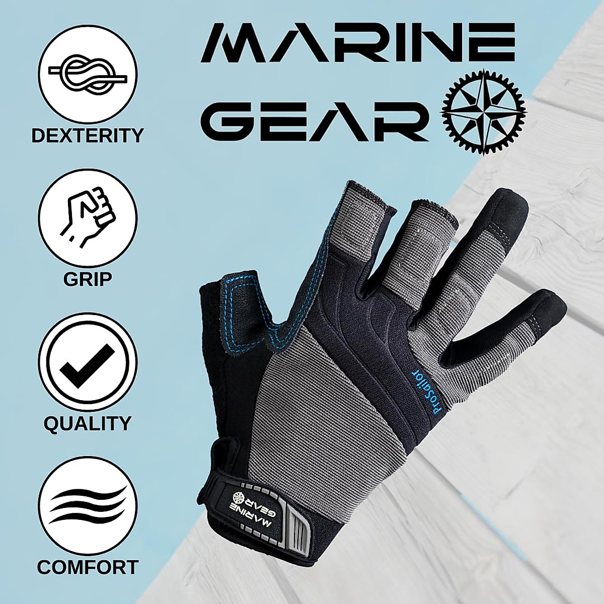 Marine Gear Sailing Gloves (Medium) - 3-Finger Dexterity Sailing Gear with Better Grip, Neoprene and Padded Knuckles, Reinforced Pressure Points