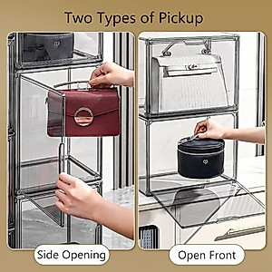WMM Purse Storage Organizer for Closet, 3 Packs Plastic Acrylic Clear Handbag Purse Shoes Book Figure Toy Display Case, Storage Bins for Cosmetic, Stackable Magnetic Drop Front Storage Organizer