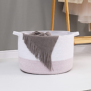 Volhouim XXXLarge Cotton Rope Basket for Organizing Baby Laundry Basket for Blankets Living Room Blanket Basket Cotton Rope Basket with Handle Collapsible Woven Basket Baby Toy Bin， 22"x14" ,Pink