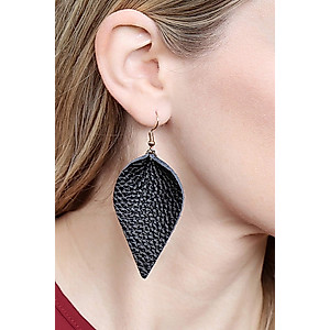 Bohemian Lightweight Genuine Real Leather Geometric Drop Statement Earrings - Petal Leaf, Triple Feather, Teardrop Dangles, Scallop Disc Hoop (Leaf - Black)
