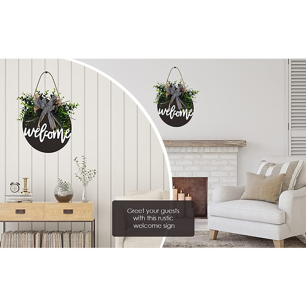 Welcome Sign Welcome Front Door Round Wood Sign Hanging Welcome Sign for Farmhouse porch Spring Welcome Sign Front Door Decoration （Blackboard welcome） (Black Hello, Black 12 inches)