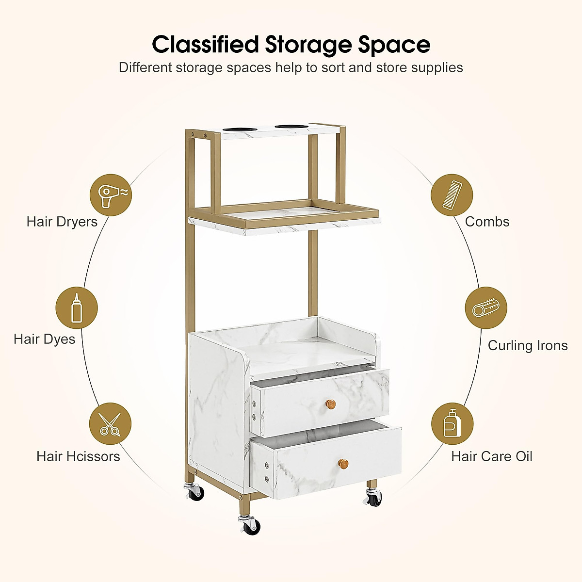 BarberPub Salon Trolley with Wheels Rolling Barber Cart with Drawers Marbled Board for Beauty Salon Metal Frame with 2 Hair Dryer Holders 2044 (White)