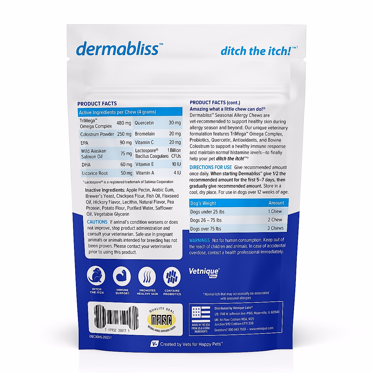 Vetnique Labs Dermabliss Seasonal Dog Allergy Chews (30ct) & Glandex Anal Gland Support Powder with Pumpkin for Dogs (5.5oz Beef) Bundle