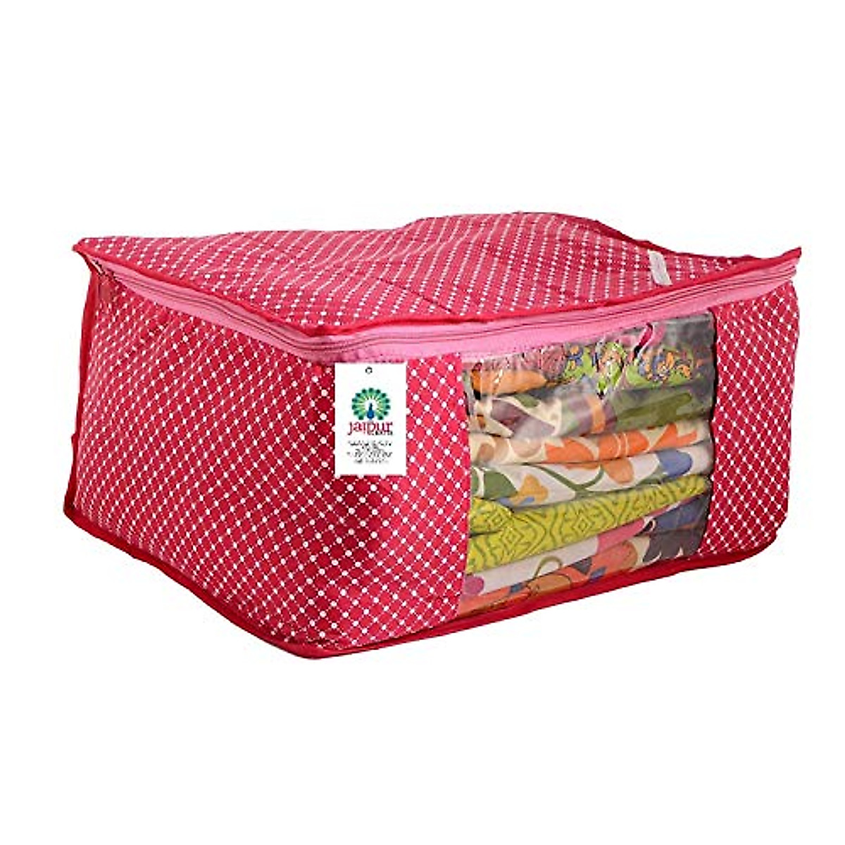JaipurCrafts Quilted Polka Dots Cotton Saree Cover Set/Saree Storage Bag, Pink (40 x 30 x 20 cm)-Pack of 2