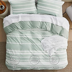 Bedsure Queen Duvet Cover Sage Green Striped - Super Soft Cationic Dyed Duvet Cover for Kids with Zipper Closure, 3 Pieces, No Comforter(90"x90")