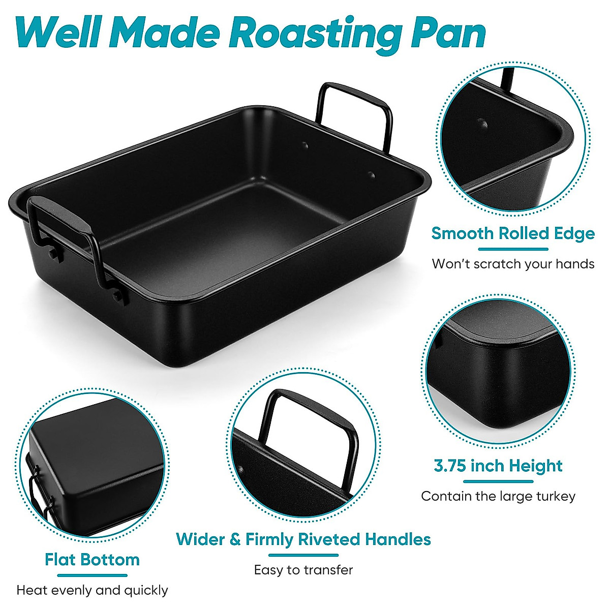 TeamFar Roasting Pan, 15’’ Nonstick Deep Lasagna Brownie Turkey Pan with V-Shaped Rack & Cooling Rack, with Stainless Steel Core & Nonstick Coating, Healthy & Sturdy Handles, Easy to Clean, Set of 3