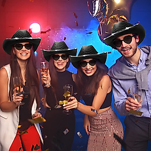 Zhanmai 6 Set LED Cowboy Hat Light Up Glitter Cowboy Hat with Sunglasses Sequin Space Cowgirl Hat for Women Men Costume (Black)