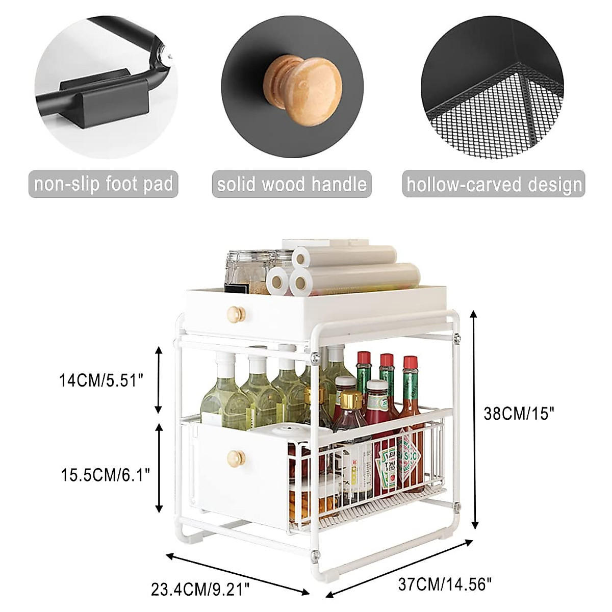Under Sink Organizer and Storage, 2-Tier Cabinet Organizer with Sliding Baskets Drawer, Bathroom Countertop Storage Shelf Kitchen Under Sink Storage Rack (White)