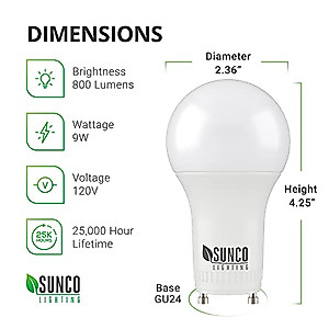 Sunco 6 Pack GU24 LED Light Bulbs 2 Prong A19, CRI91 5000K Daylight, 9W Equivalent 60W, CFL Replacement 800 Lumen, Super Bright Dimmable Twist & Lock GU24 Pin Base with 2 Prongs Instant On UL