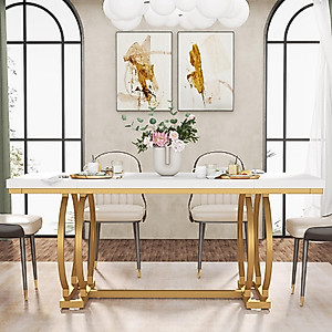 Tribesigns Modern Dining Table, 70.9 inches Wood Dinner Room Table for 6-8 People, Rectangular Kitchen Table with Gold Metal Circular Base for Kitchen, Dining Room, Living Room, White & Gold