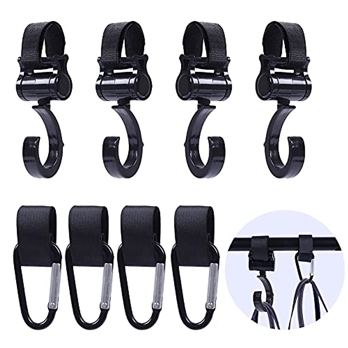8pcs Stroller Hook Stroller Bag Hook 2 Kinds Mommy Buggy Clips Black 360 Degree Rotating Pram Shopping Hooks Stroller Hanger Hook for Diaper Bag Pushchair Stroller Purse Groceries