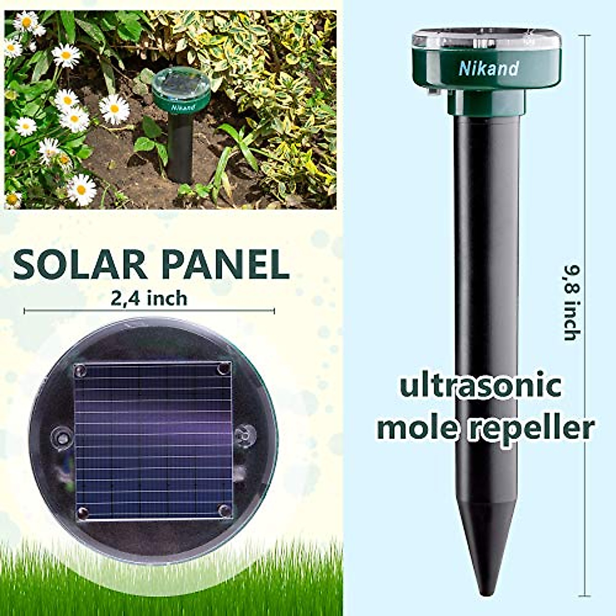 Gopher Repellent Ultrasonic Solar Powered - Mole Repellent Stakes Outdoor Pet Safe - Groundhog Repeller Snake Rodent Gopher Spikes Chaser - Sonic Mole Deterrent Devices (4)