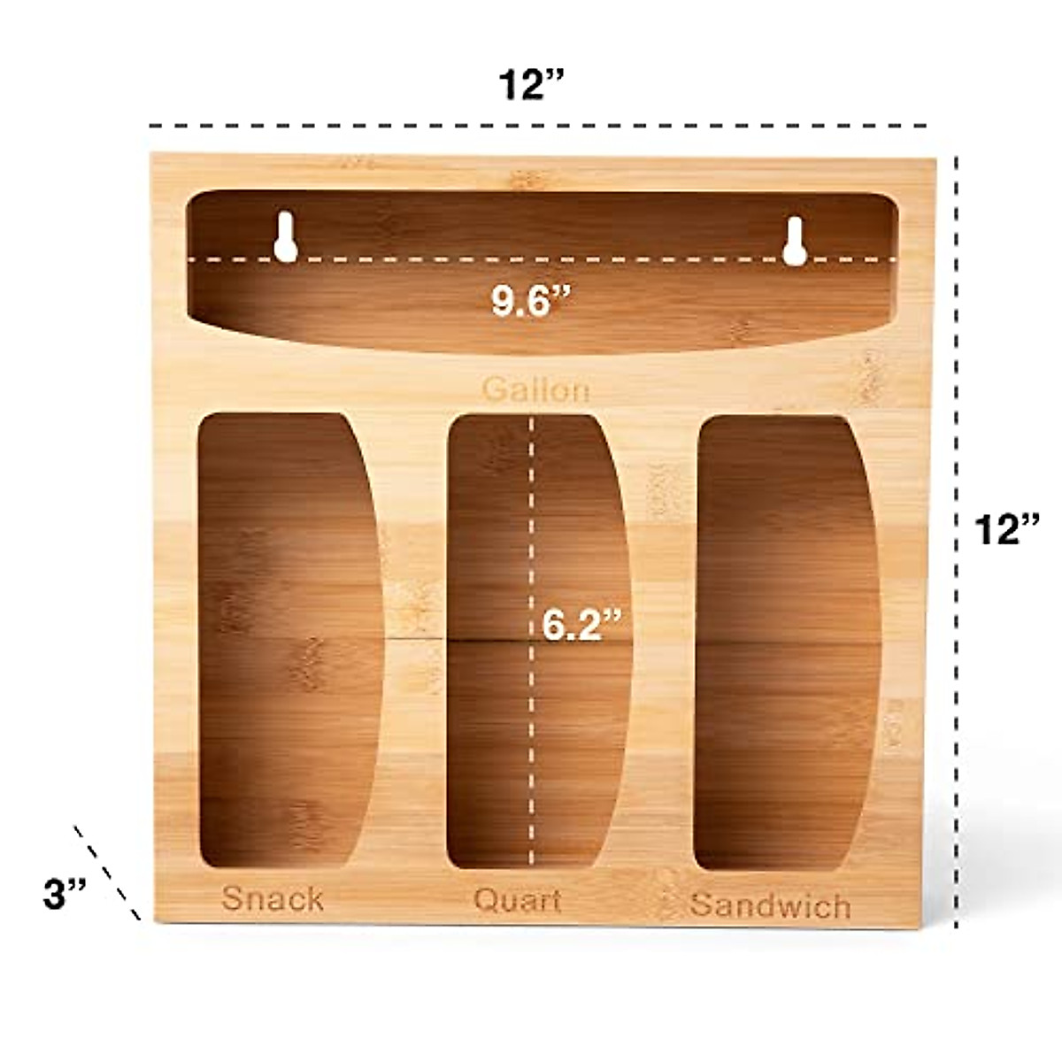 Bamboo Ziplock Bag Organizer, Wall Mounted Food Storage Bags Container for Kitchen Drawer, Baggie Storages Box - Compatible with Sandwich, Gallon, Quart and Snack (12 x 12 x 3 Inches)