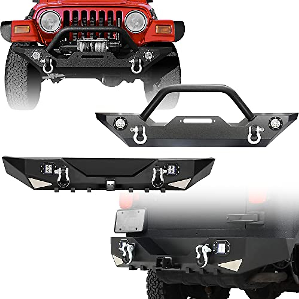 YITAMOTOR Front & Rear Bumper Combo Compatible with 1997-2006 Jeep Wrangler TJ with 2" Hitch Receiver & D-Rings & Square Lights, Upgraded Textured Black Bumper w/Winch Plate