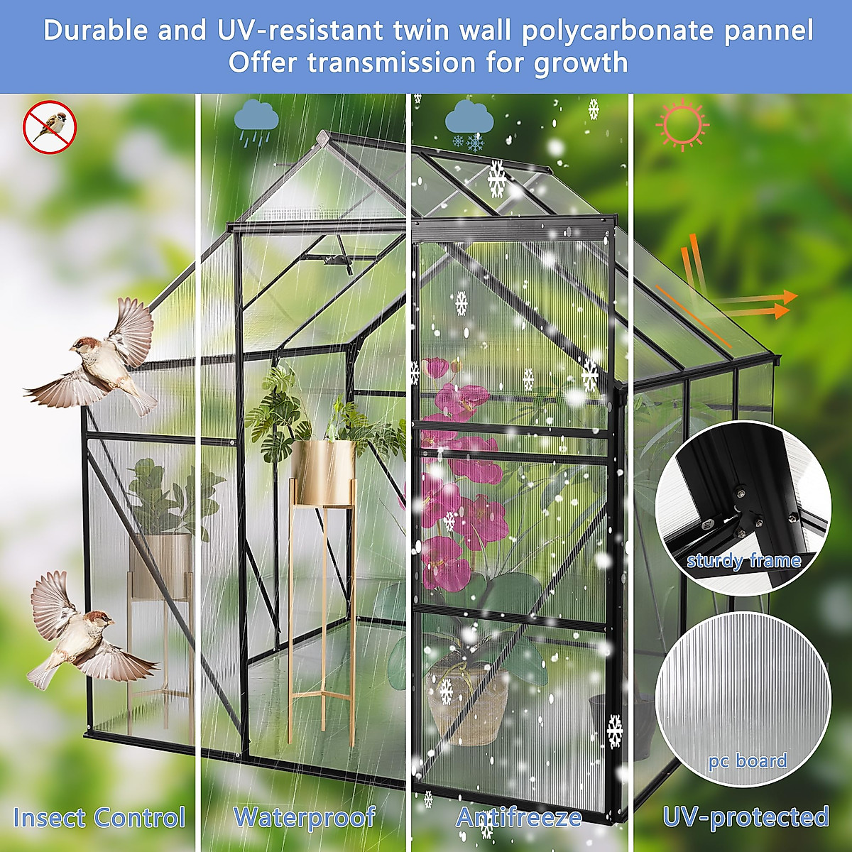 LUSPAZ 6x6ft Black Polycarbonate Greenhouse with Raised Base and Anchor Heavy Duty Aluminum Walk-in Greenhouse for Outdoor Backyard All Season Gardening Solution