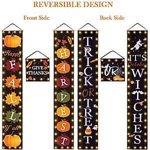 Tatuo 3 Pcs Lighted Halloween Reversible Banner Happy Fall Harvest and Halloween Trick or Treat Witches Banner Thanksgiving Day Halloween Party Porch Sign Hanging Sign for Fall Decorations Outdoor
