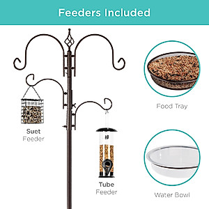 Best Choice Products 91in 4-Hook Bird Feeding Station, Steel Multi-Feeder Kit Stand for Attracting Wild Birds w/ 2 Feeders, Mesh Tray, Bird Bath, 4-Prong Base - Brown