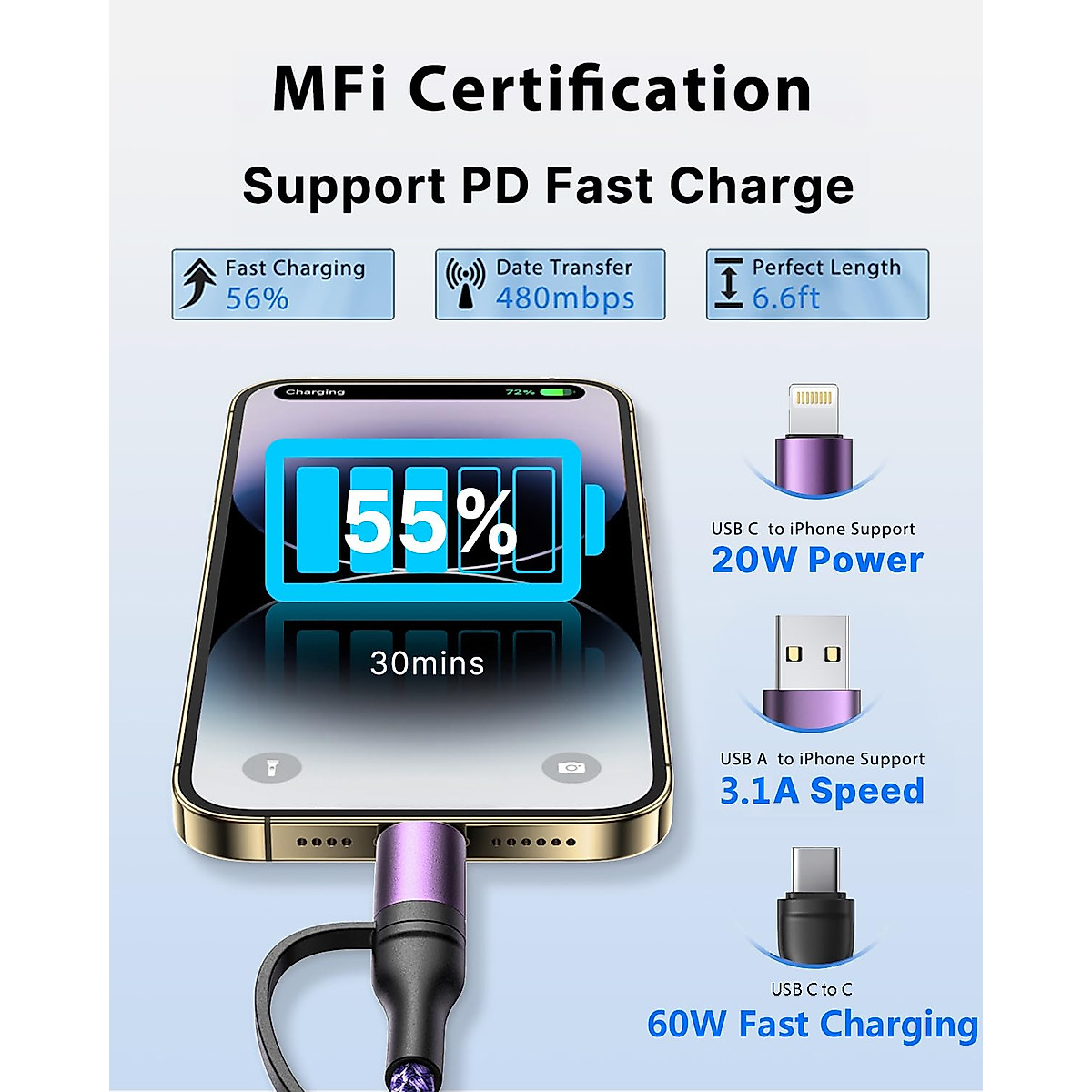 4 in 1 Fast Charging Cable 60W 6FT Apple MFi Certified USB C to Lightning Cable Nylon Braided USB A/C to C/Lightning Cable Multi iPhone Charger Cord for iPhone 16 15 14 13 Pro/iPad/Samsung/MacBook