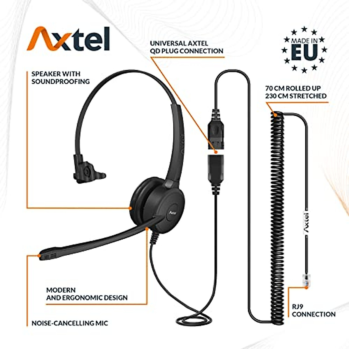 Axtel Bundle Prime Mono with AXC-04 Cable | Noise Cancellation - Compatible with Cisco 6900, 7800, 7900, 8800, 8900, 9900 Series Phones