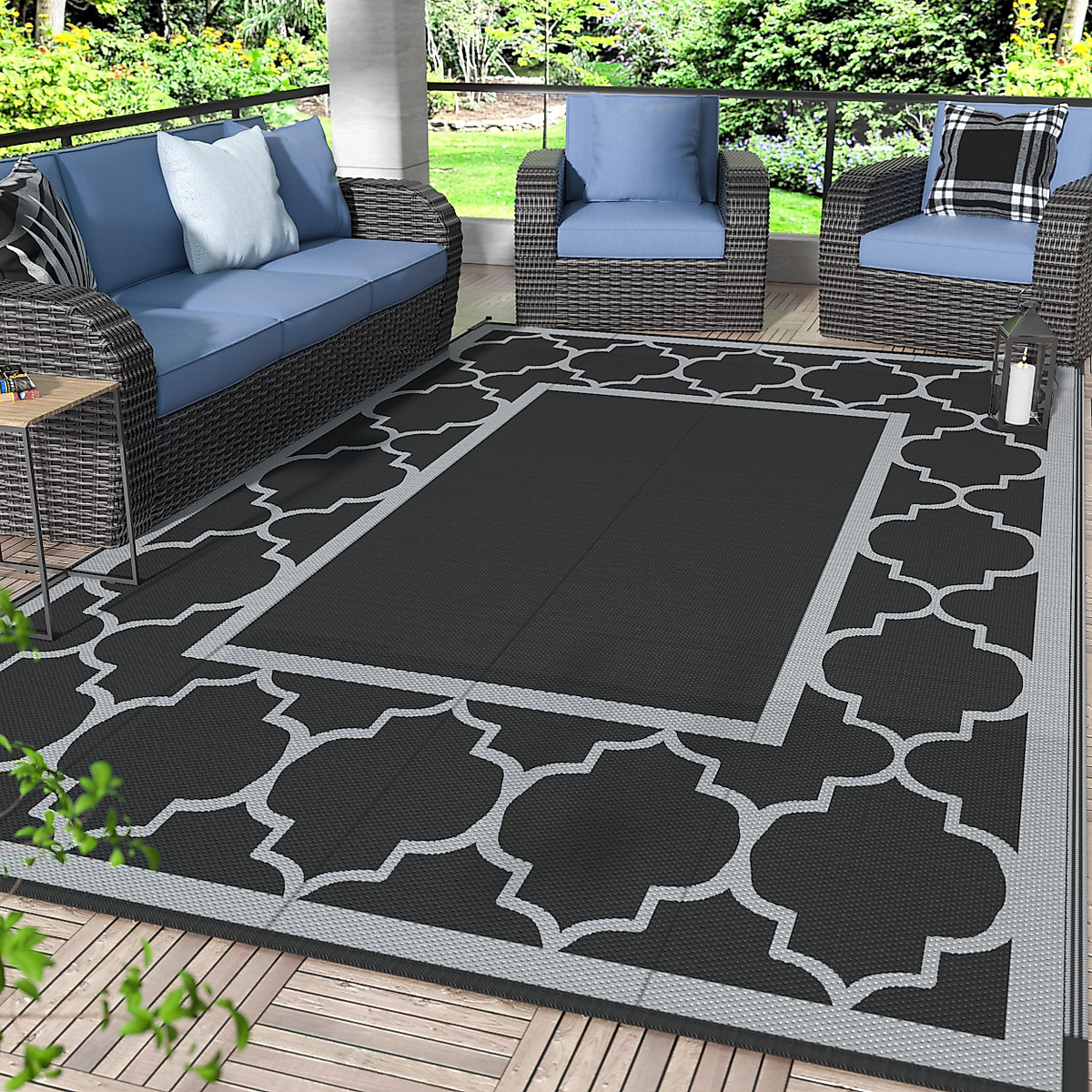 GENIMO 9' x 12' Outdoor Rug Waterproof for Patio Decor, Foldable Reversible Plastic Straw Area Rugs Mat for Camper, Outside Carpet for Rv, Deck, Porch, Picnic, Beach, Balcony, Black & Grey