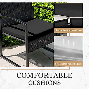 HOMEZILLIONS Outdoor Furniture 3 Piece Patio Set Balcony Furniture, Rattan Wicker Chairs Outdoor Bistro Set with Table and Cushions for Poolside Yard Porch, Black